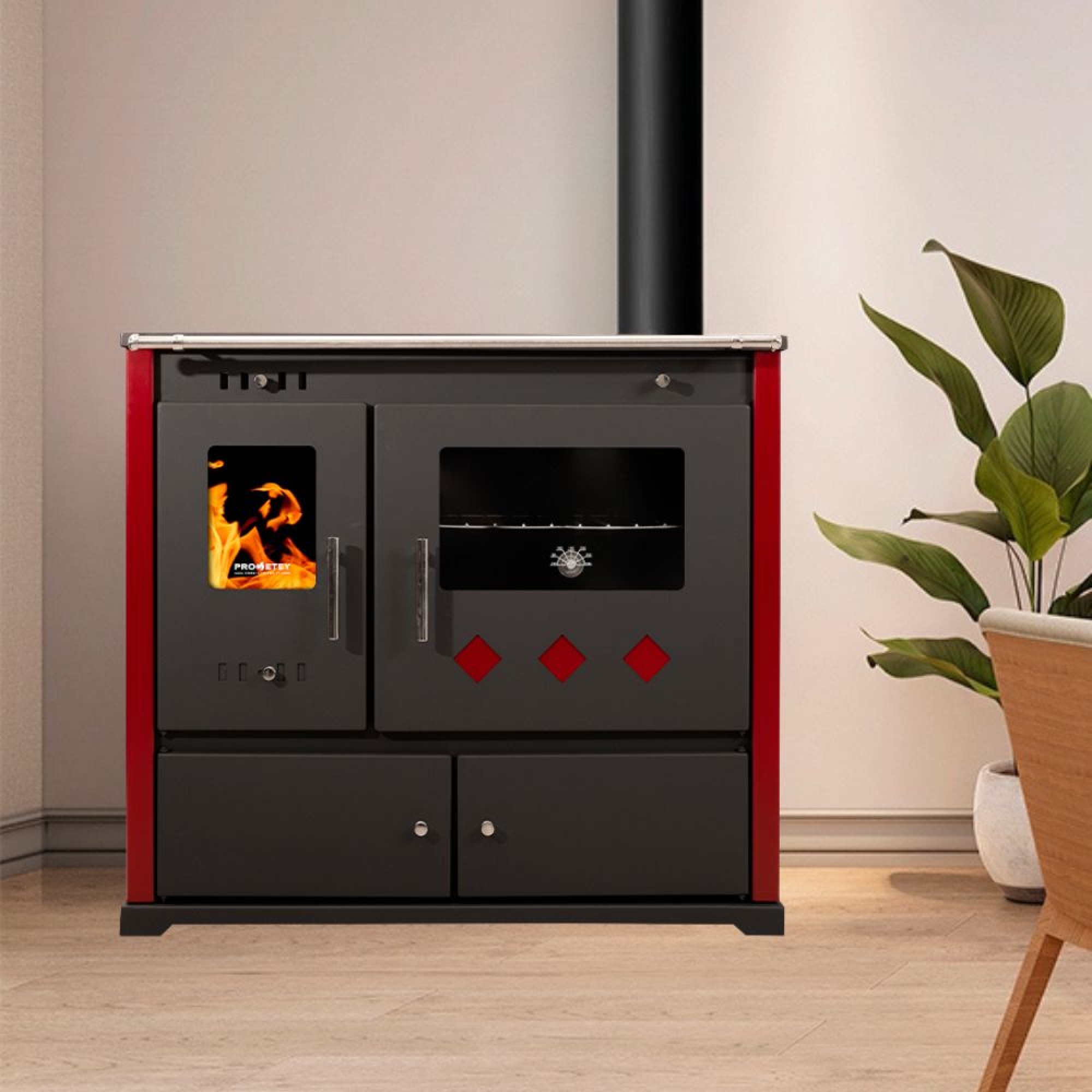 Wood cooker stove Prometey Practik Lux with ceramic hob, burgundy, 9 ...