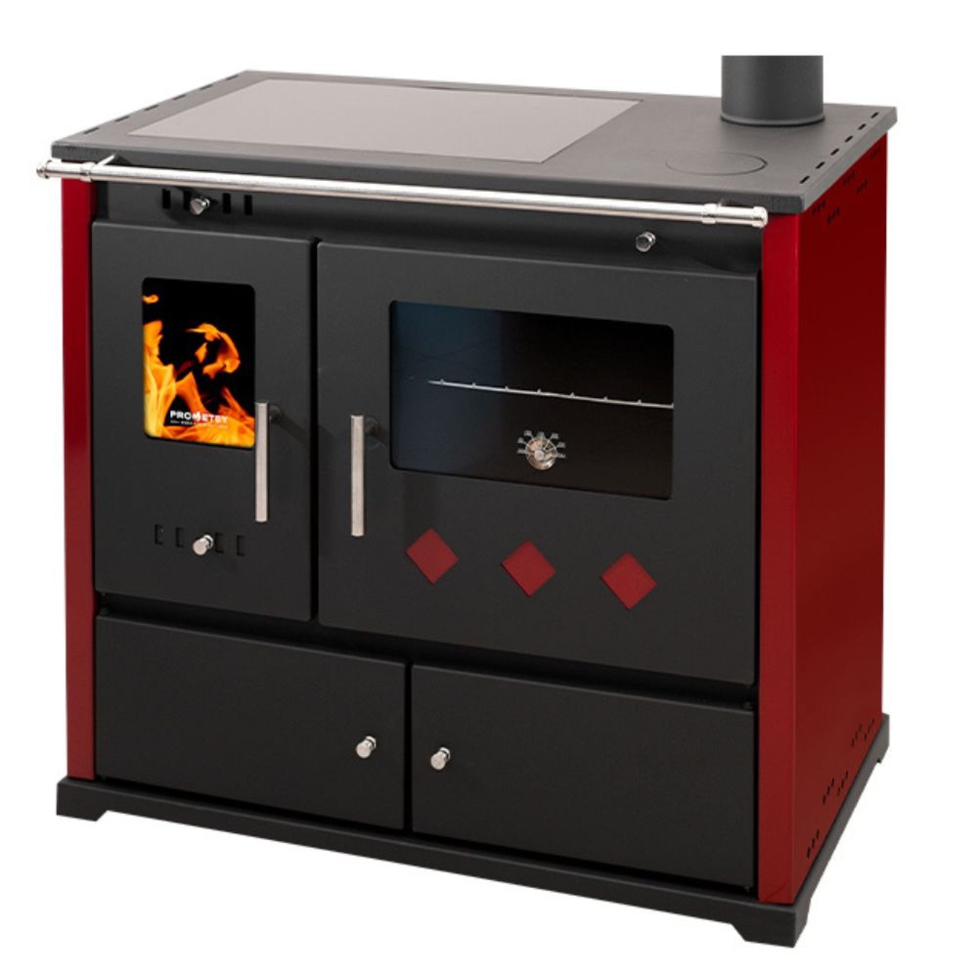 Wood cooker stove Prometey Practik Lux with ceramic hob, burgundy, 9 ...